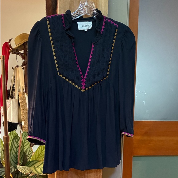 ba&sh | Tops | Bash Navy Blue Embroidered Boho Blouse Classic Feminine ...